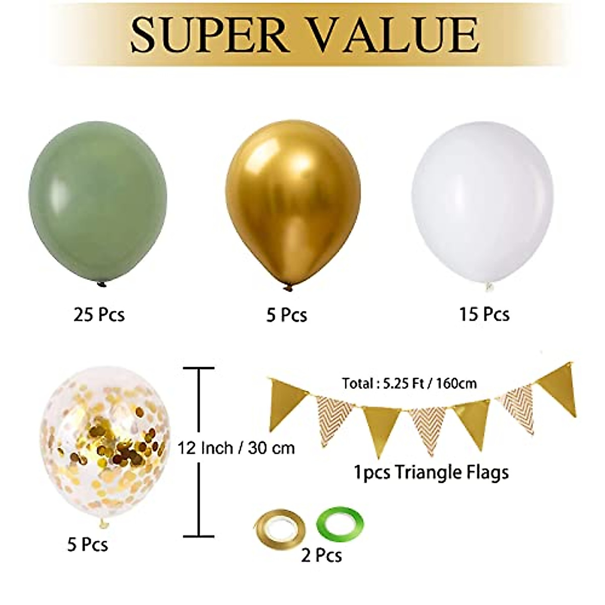 Green and Gold Confetti Balloons,50 Pack 12 Inch Sage Green Gold Party Balloons for Birthday Baby Shower Wedding Graduation Party Decoration with 5ft Gold Triangle Banner