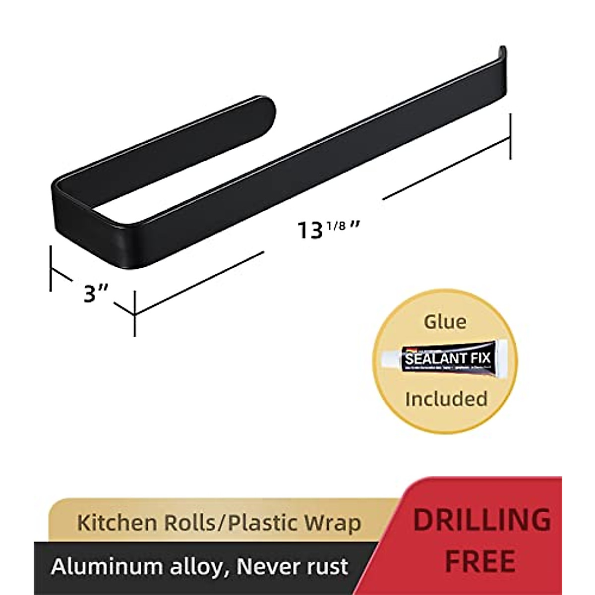 CHAUNCEY HOME Adhesive Paper Towel Holder Under Cabinet Countertop, 1 Pack, Matte Black, Self-Adhesive Hanging Paper Towels Rolls Holder for Bathroom Kitchen Essentials