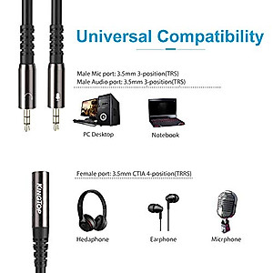 KINGTOP Headphone Splitter, 3.5mm Headphone Mic Stereo Y Splitter, 3.5mm TRRS Female to Dual 3.5mm TRS Male Combo Audio Adapter for PC, Laptop, Desktop, Headphone, Gaming Headset (Black)