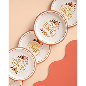 xo, Fetti Thanksgiving Gold Foil Plates - 25 count | Give Thanks Decorations, 9" Dinner Plate, Autumn Leaves, Pumpkins, Fall Table Decor