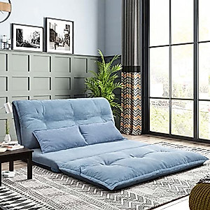 TMEOSK Double Chaise Lounge Sofa with 2 Pillows, 5-Position Reclining Folding Lazy Sofa Sleeper Bed Futon Bed Sofa Couches for Boys|Girls|Teens|Adults |Bedroom|Living Room|Balcony (Blue)