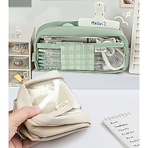 Clear Pencil Pouch Aesthetic School Supplies Large Cute Pencil Case for Girls Preppy Pencil Case Aesthetic (Beige,with Clip & Sticky Note)