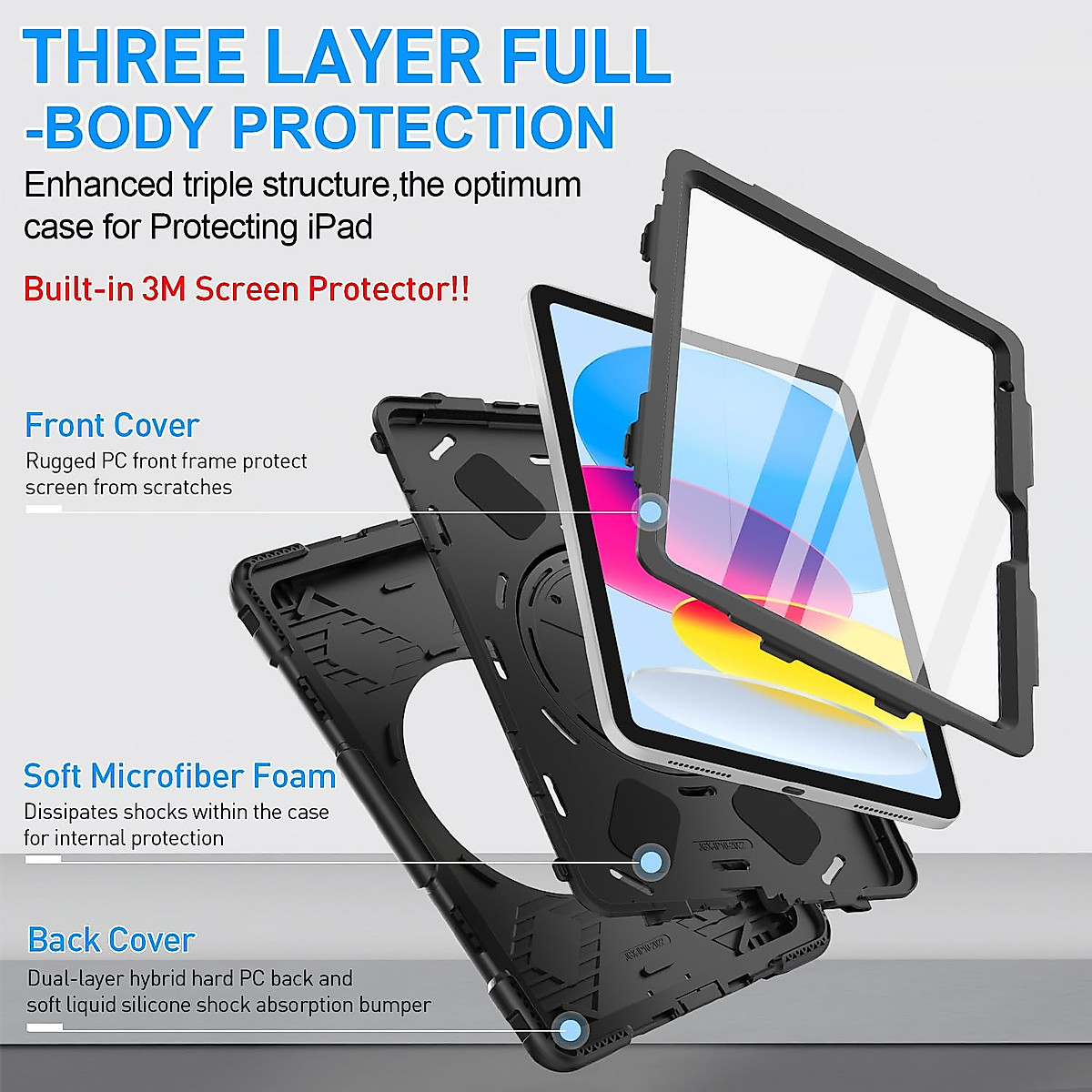 SUPFIVES Case for iPad(A16) 11th 11''2025/ 10th Generation 10.9'' 2022,Heavy Duty Silicone Case with Screen Protector/Pencil Holder/Rotating Stand/Handle/Shoulder Strap(Black)