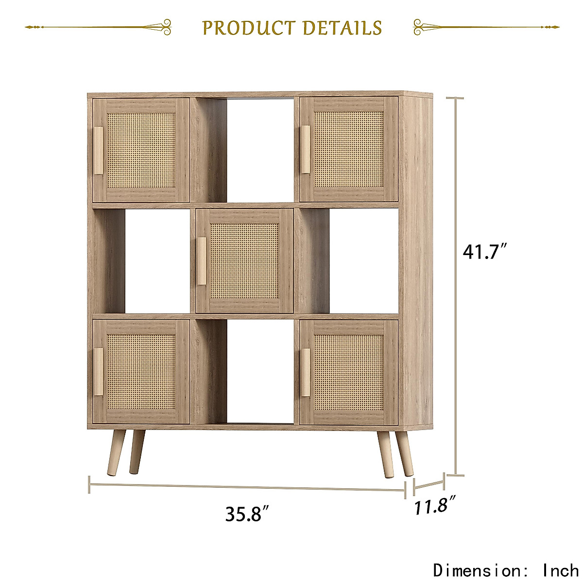 SSLine Boho Rattan 9-Cube Storage Organizer Rustic Wooden Bookcase with 4 Open Cubes & 5 Rattan Door Cabinets Free-Standing Bookshelf Display Cube Shelves for Living Room Home Office