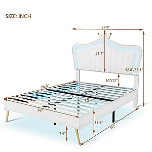 LED Full Bed Frame, Upholstered Platform Bed with Crown Headboard, Modern Faux Leather Princess Beds with Light for Kids Girls Boys Teens, No Box Spring Needed, White