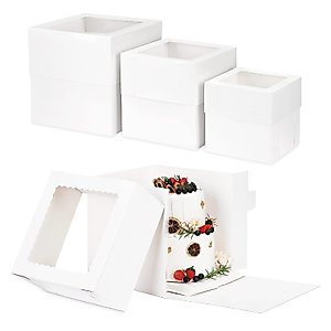 Moretoes 12 Pcs Cake Box, Tall Cake Boxes with Window in 3 Sizes 12x12x12 10x10x10 8x8x8 Inches, Bakery Boxes Disposable Carrier Take Out Container, 2 or 3 Tier for Valentine's Day Mother's Day