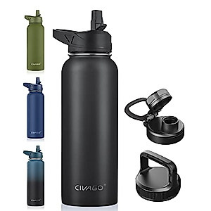CIVAGO 40 oz Insulated Water Bottle With Straw, Stainless Steel Sports Water Cup Flask with 3 Lids (Straw, Spout and Handle Lid), Double Walled Travel Thermal Canteen Mug, Midnight Black