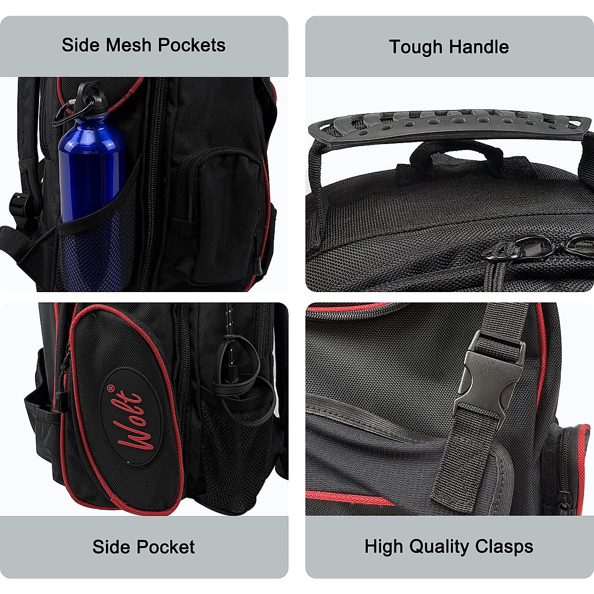 WOLT Professional Equestrian Backpack with Helmet Holder for Horse Riding, One Bag wih Multiple Compartments Carry All Accessories (NOT included), One Size Black+Red