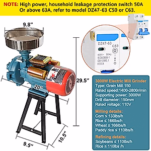 NAIZEA Electric Grain Mill Grinder Corn Grinder, 110V 3000W Commercial Corn Mill Grinder Machine Feed Mill Wheat Grinder, Flour Mill Cereals Grinder with Funnel (Dry Grinder)