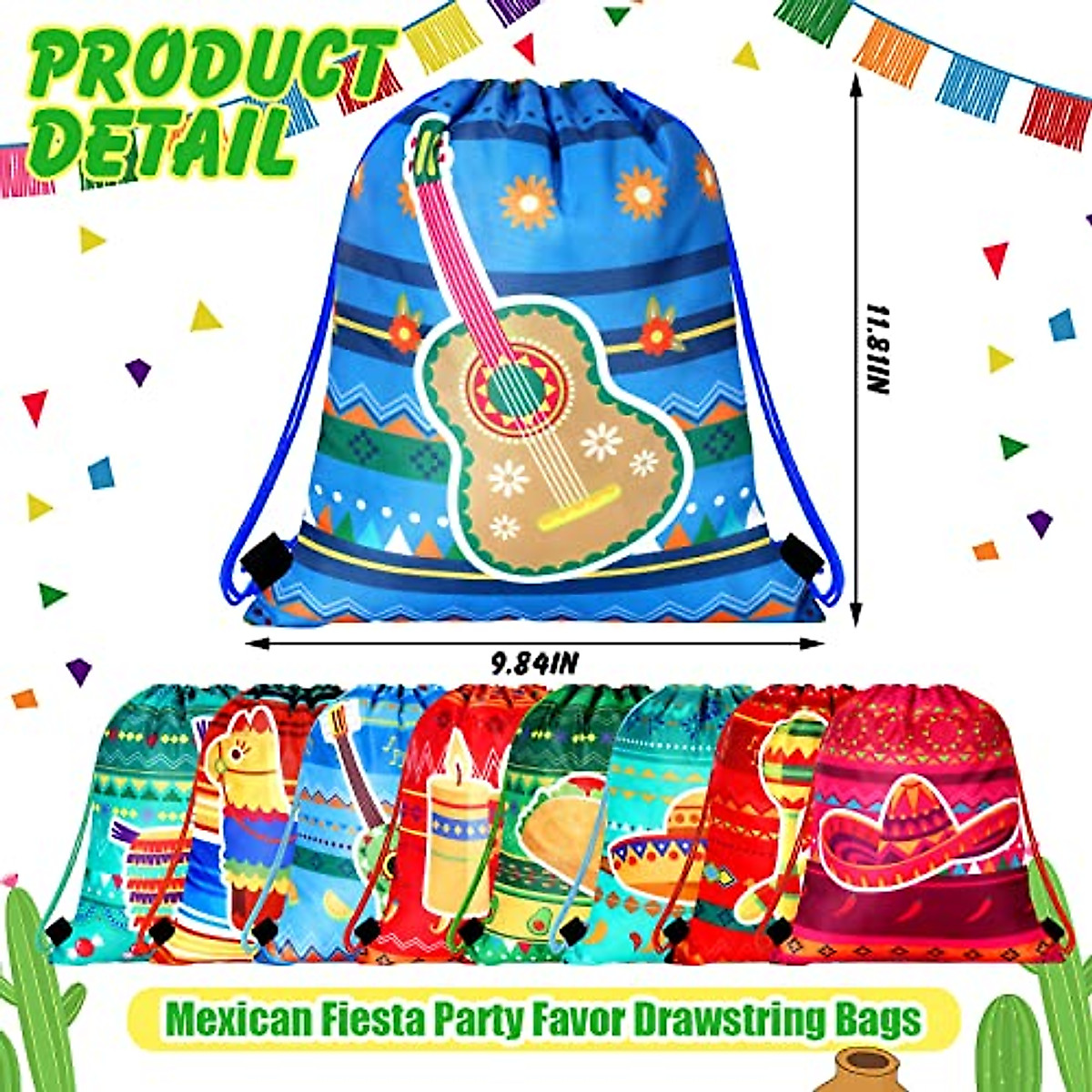 24 Mexican Fiesta Party Favor Drawstring Bags for Kids