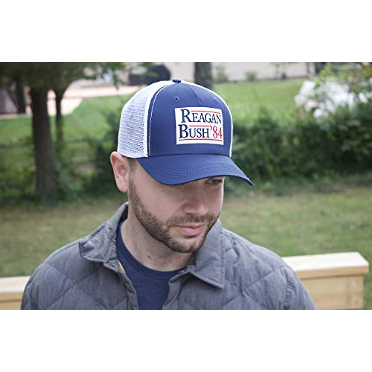 Urban Ridge Reagan Bush ’84 Adult Trucker Hat Snapback, Navy Blue with Embroidered Patch