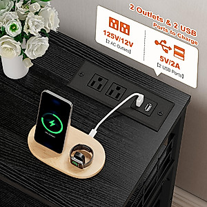 EnHomee Nightstands Set of 2 Nightstand with Charging Station & LED Lights Black Nightstands Set of 2 nightstand with Dresser Drawers and Storage Shelves Night Stand with Outlets and 2 USB Ports