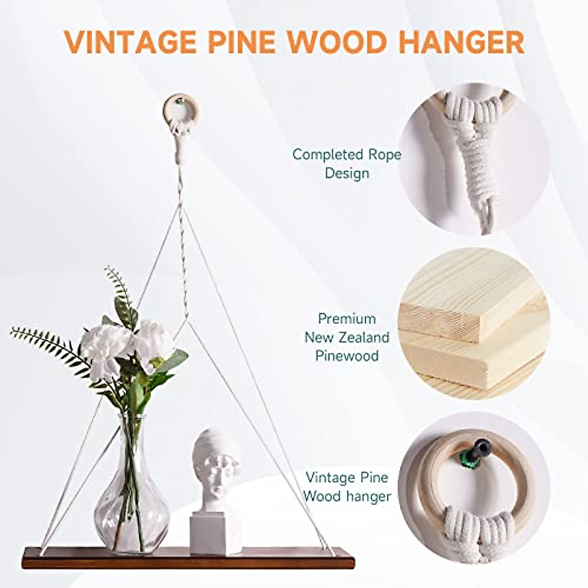 JOFAMY 2-Pack Macrame Hanging Shelves 15.8 in with Wood Hanger, Boho Floating Shelves Indoor for Bathroom, Bedroom, Toilet, Kitchen, Office, Living Room Decor