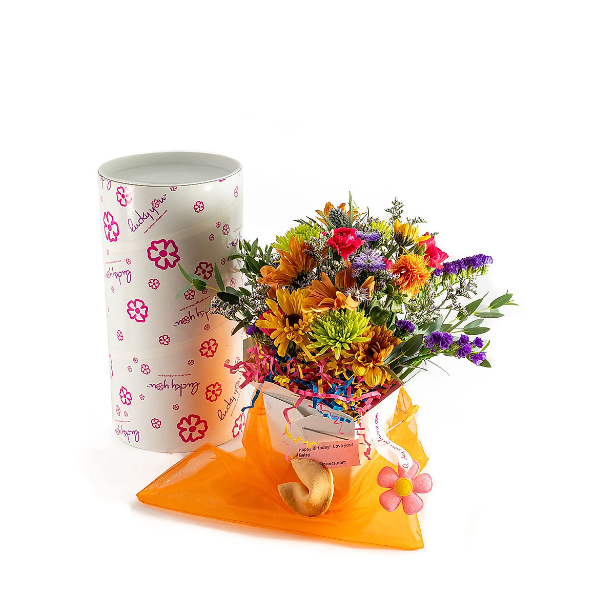 Birthday Blast Fresh Cut Live Flowers Arranged in a Takeout Container with your Personal Message Tucked Inside a Fortune Cookie