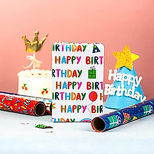 WRAPAHOLIC Reversible Birthday Wrapping Paper Roll - Mini Roll - 3 Rolls - 17 Inch X 120 Inch Per Roll - Happy Birthday Lettering and Gift Box for Kid's Birthday, Baby Shower