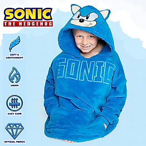 Sonic The Hedgehog Fleece Hoodie Blanket for Boys and Teenagers Oversized Fleece Poncho One Size Gaming Gifts for Boys (Blue 3D)