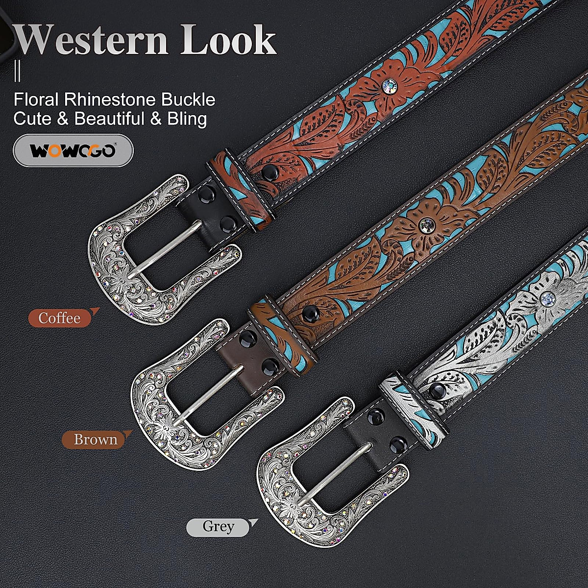 WOWOGO Western Belts for Women Cowgirl Cowboy Country Belt Turquoise Rhinestone Leather Belt Brown Plus Size Belt