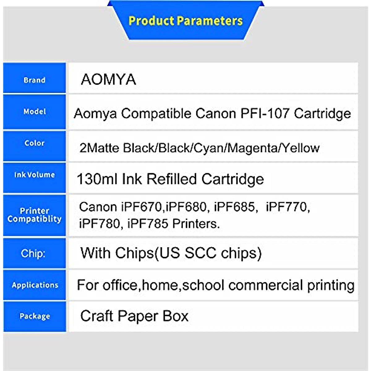 Aomya Compatible Canon PFI-107 6 Pack 5 Colors Ink Tanks 2 PFI-107MBK(Pigment),1 PFI-107BK PFI-107C PFI-107Y PFI-107M for for iPF680, 685, 780, 785