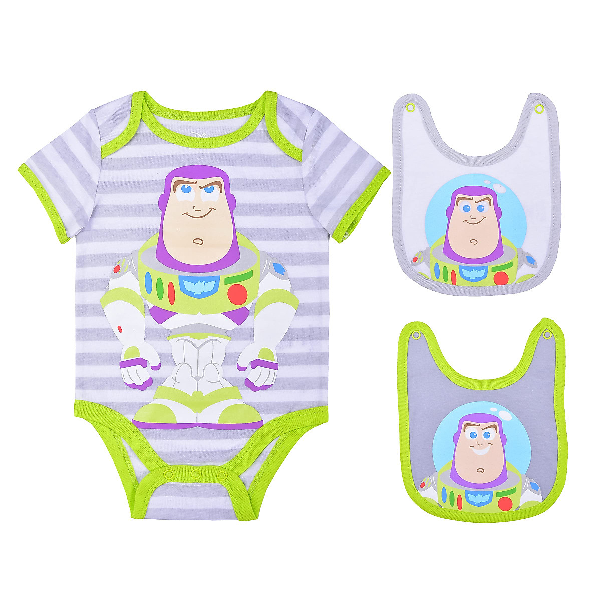 Disney Baby-Boys 1 Buzz Lightyear Toy Story Creeper and 2 Buzz Bibs To Attach To The Creeper, White/Gray, 6-9 Months (3-Piece)