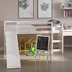 NAFORT Twin Loft Bed with Slide, Low Loft Bed with Stairs, Solid Wood Twin Loft Bed Frame for Girls Boys with Climbing Ladders Guard Rails and Slat Support - White
