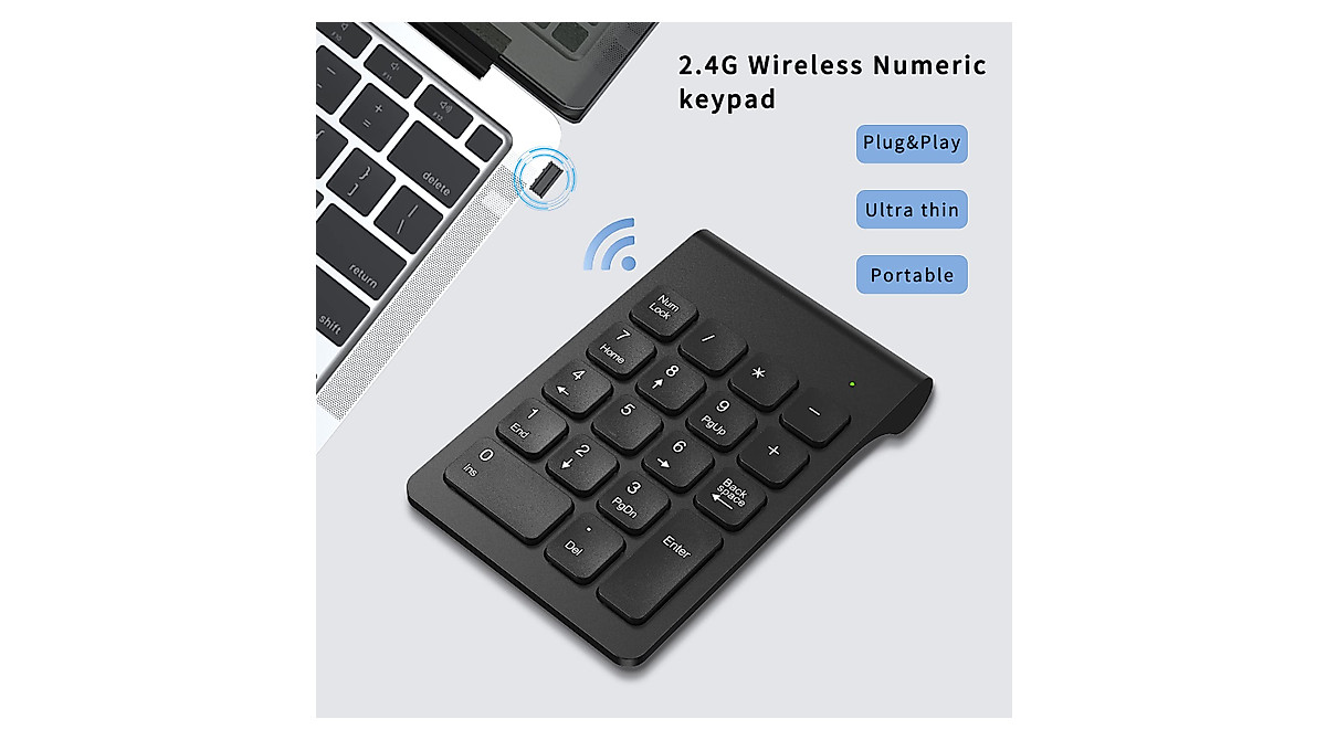 cimetech Wireless Number Pad, 2.4G Numeric Keypad Numpad with USB Receiver, 18 Keys Portable ...