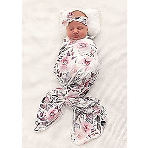 Terriboo Newborn Baby Girl Swaddle and Headband Set Floral Receiving Blanket (Pink)