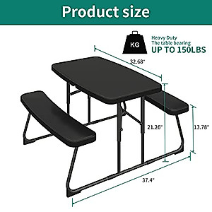 DWVO 37" Picnic Table, Folding Picnic Tables for Outdoors with Weather Resistant Resin Tabletop & Stable Steel Frame for Yard Patio Lawn Party, Black