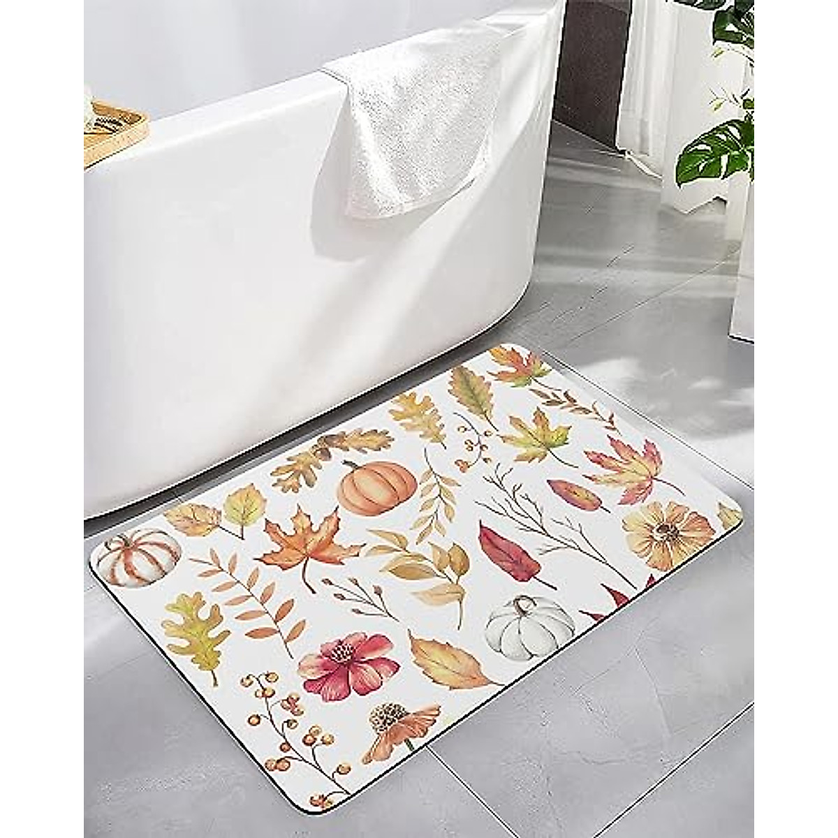 Pumpkin Leaves Bath Mat for Tub,Non Slip Bathroom Floor Runner Rug Quick Dry & Absorbent Diatomaceous Earth Shower Sink Kitchen Living Room Washable Doormat,Retro Fall Wildflower Plant Leaves 16"x24"