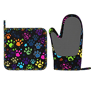 Oven Mitts Pot Holders Sets Funny Paw Print Dog Silicone Oven Gloves Colorful Kitchen Accessories for Baking Cooking Grilling