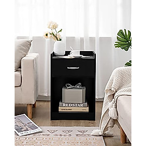 WEENFON Nightstands, Black Nightstand with Charging Station,Bedside Tables, End Table with Drawer, Open Space,Metal Handles, Large Storage,WFET16HN