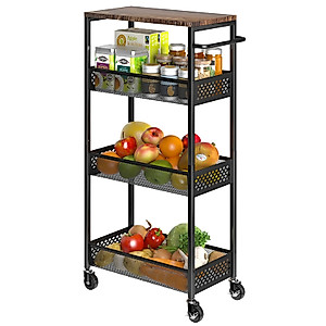 XYZLVSI Slim Storage Cart 4 Tier Fruit and Vegetable Baskets for Kitchen Small Space, Narrow Rolling Cart on Wheels with Wooden Top and Metal Handle for Pantry, Bathroom, Laundry Room