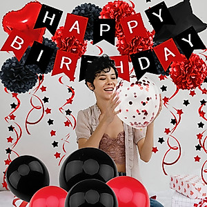 ZERODECO Birthday Decorations, Black and Red Birthday Party Decorations Happy Birthday Banner Pompoms Balloon for Boys Girls Men Women Birthday Party Decorations Supplies