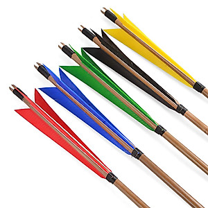 SHARROW 6 Pack 33 inch Traditional Bamboo Arrows Target Practice Arrow with 5 inch Tureky Feather and Broadheads for Recurve Bow Longbow (Blue)