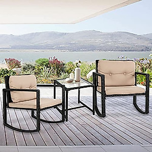 Wicker Patio Furniture Sets 3 Piece Outdoor Bistro Set Rocking Chair Patio Set Rattan Chair Conversation Sets for Backyard Porch Poolside with Coffee Table,Black