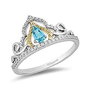 Jewelili Enchanted Disney Fine Jewelry Sterling Silver and 10K Yellow Gold With 1/10 CTTW Swiss Blue Topaz Jasmine Ring, Size 5