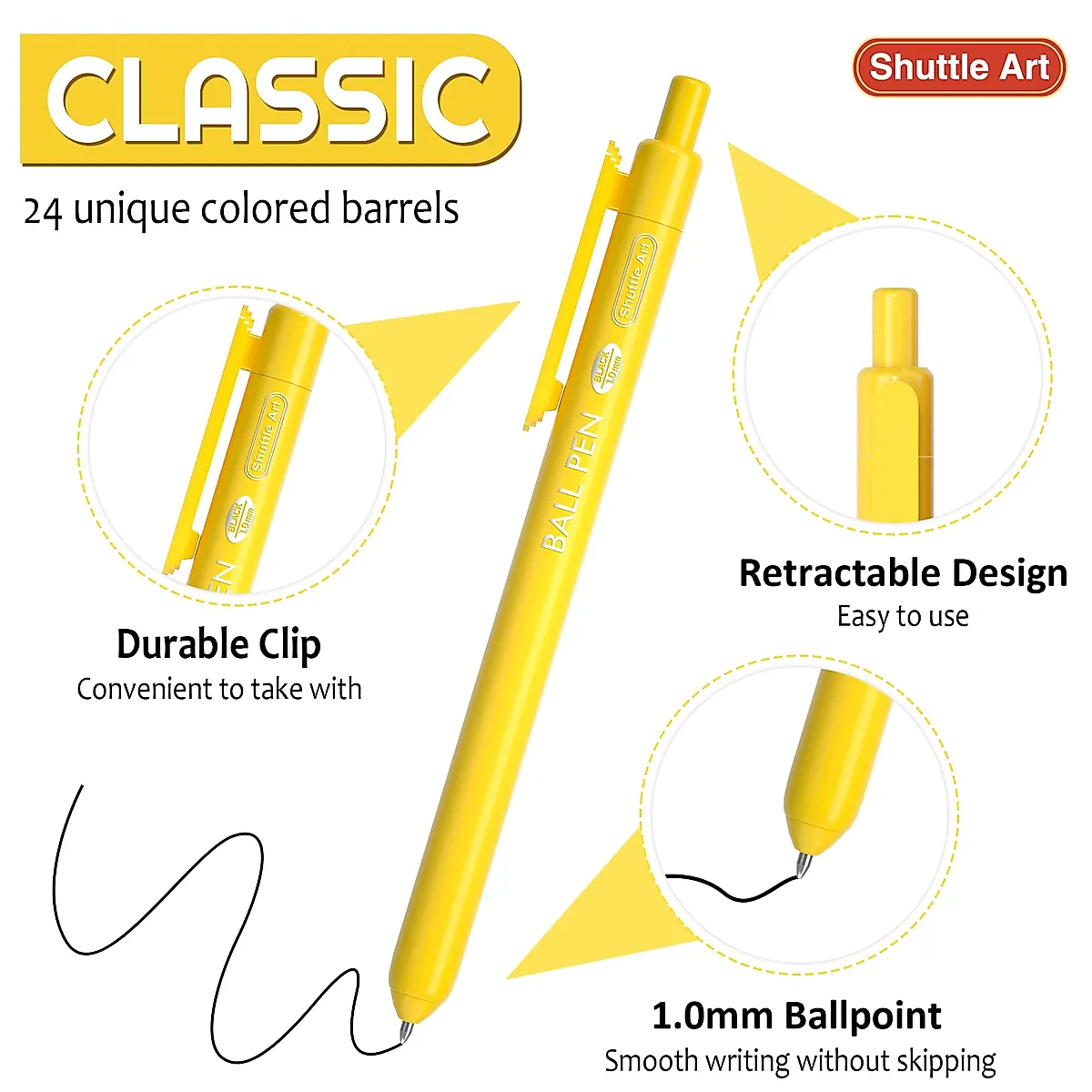 Shuttle Art Ballpoint Pens, 24 Pack Colored Retractable Black Ink Ball Point Pens, Cute Pens 1.0mm Medium Point Quick Drying for Writing Journaling Taking Notes School Office Home