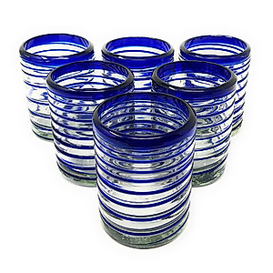 Hand Blown Mexican Drinking Glasses – Set of 6 Tumbler Glasses with Blue Spiral Design (10 oz each) …