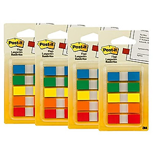 Post-it Flags with On-The-Go Dispenser, Assorted Primary Colors, 1/2-Inch Wide, 100/Dispenser, Pack of 4