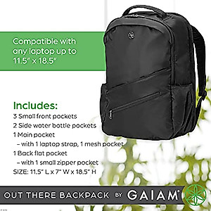 Gaiam Out There Yoga and Fitness Backpack - Gym and Travel Essentials Bag with Multiple Zippered Pockets, Padded Laptop Compartment, and Adjustable Padded Shoulder Straps - Black, 19"H x 13"W