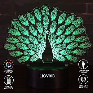 LJOYKID 3D Led Night Light Lamps - Optical Illusion 7 Colors Touch Table Desk Visual Lamp with Remote Control for Gifts for Children Kids (Peacock)