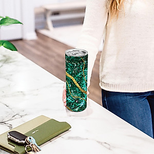 Elanze Designs Emerald Green & Shimmer Gold Sparkle Gemstone Wrap-Around Design 20 Ounce Stainless Steel On-The-Go Coffee Travel Insulated Skinny Tumbler Mug Cup with Slide Top Lid
