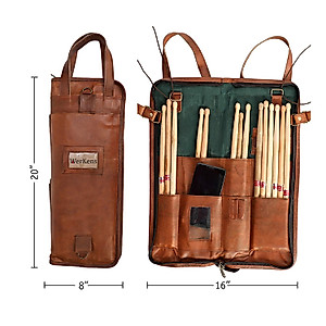 WerKens Leather Drumstick Bag Floor Tom Hooks Holds 10-12 Pairs Drum Sticks Mallets Brushes Percussion Drum Stick Bag Detachable Shoulder Strap Easy Carry Handles (Brown) – DSB003