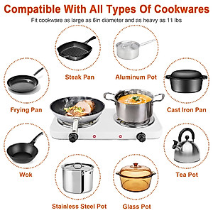 Countertop Burner, Electric Double Burners 2000 Watts, Hot Plate Cooktop with 5 Temperature Control, Non Slip Rubber Feet, Portable Coil Heating Stove Countertop RV Hotplate for Home or Dorm(White 2)