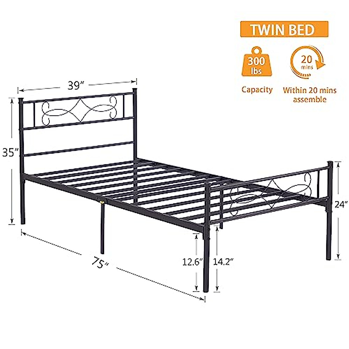 VECELO Twin Size Bed Frame Metal Platform/Mattress Foundation with headboard Footboard/Steel Slat Support/No Box Spring Needed/Easy Assembly