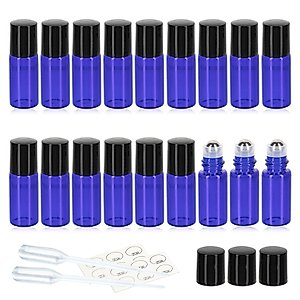 ZEJIA 3ml Roller Bottles 24Pack Cobalt Blue Thick Glass Essential Oil Roller Bottles Stainless Steel Roller Ball with 2 Droppers