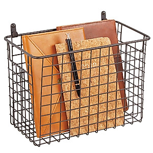 mDesign Portable Metal Farmhouse Wall Decor Storage Organizer Basket Bin with Handles for Hanging in Entryway, Mudroom, Bedroom, Bathroom, Laundry Room - Wall Mount Hooks Included, Large - Bronze