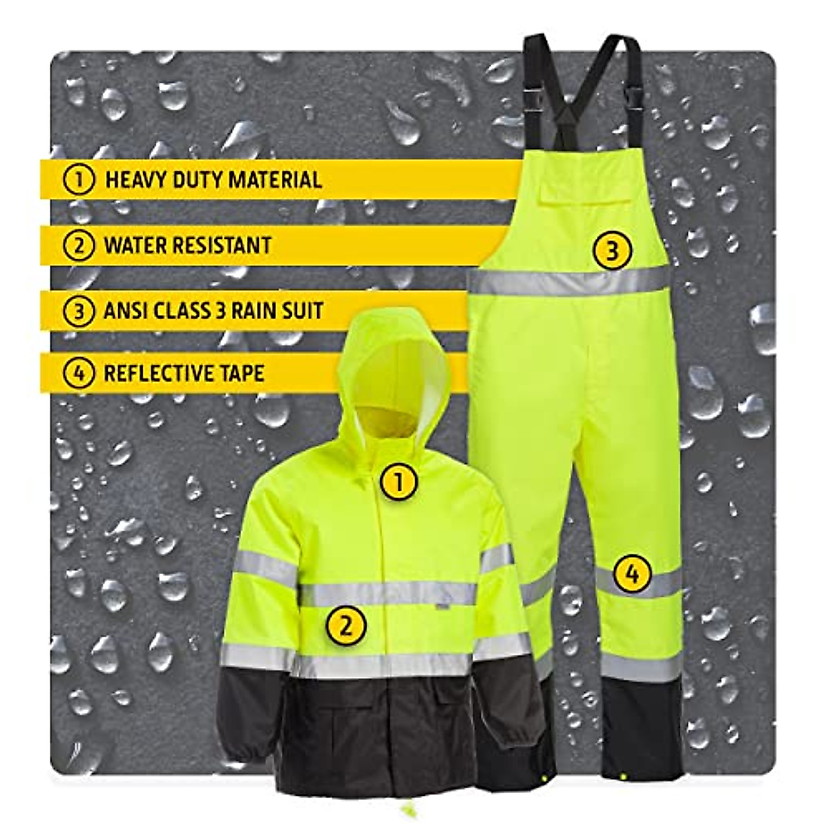 John Deere Unisex High Visability ANSI Class III Rain Suit Jacket and Bib with Color Block, High Visability, Water Resistant, and Reflective 3M Tape, Yellow, Black, X-Large (JD44530/XL)