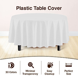 Exquisite 6-Pack Premium Plastic Tablecloth 84in. Round Plastic Table cover - White
