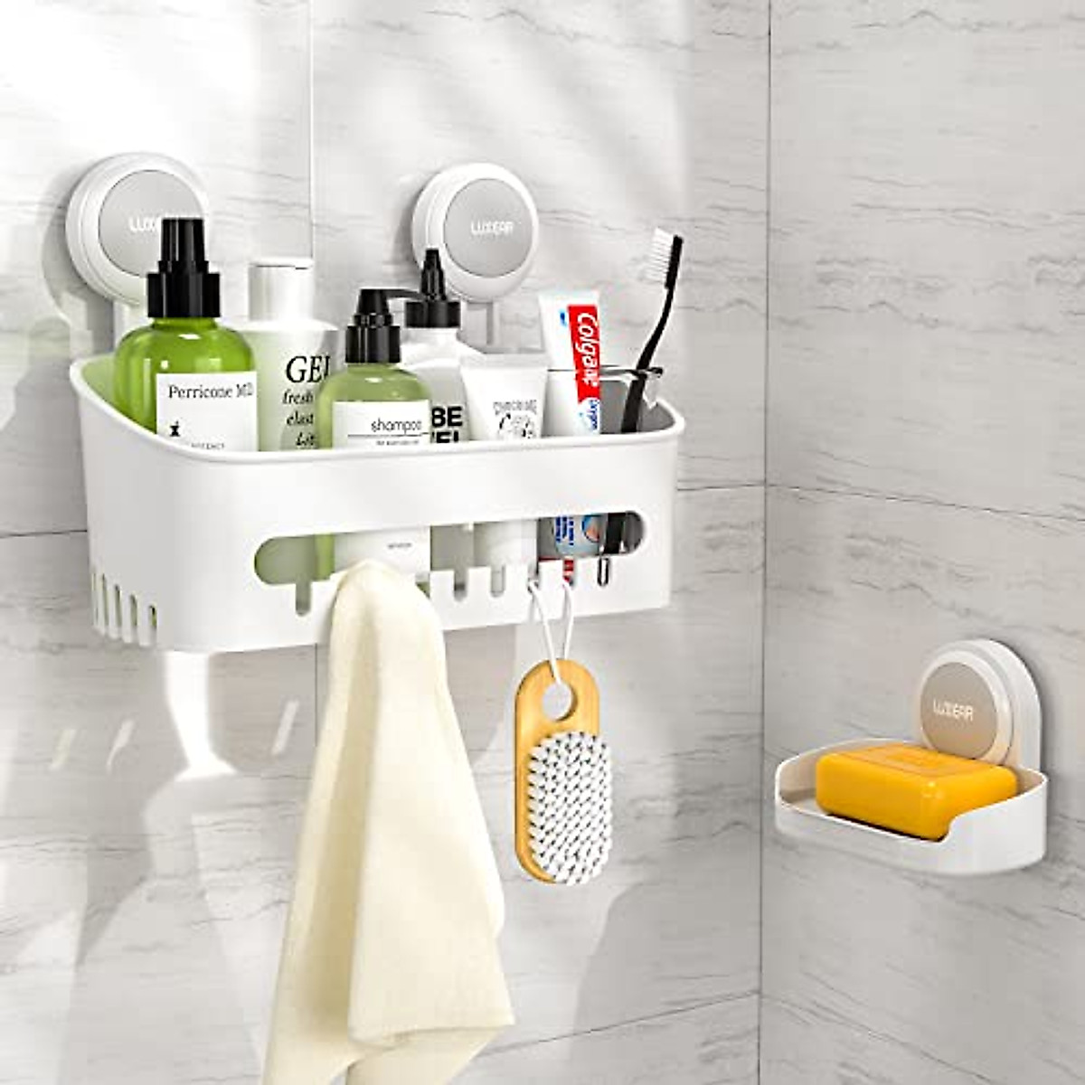 LUXEAR Shower Caddy Suction Cup Sets Shower Shelf Basket + Soap Dish Holder NO-Drilling Removable One Second Installation Suction Shower Organizer Powerful Waterproof Bathroom Caddy Storage-2 Pack