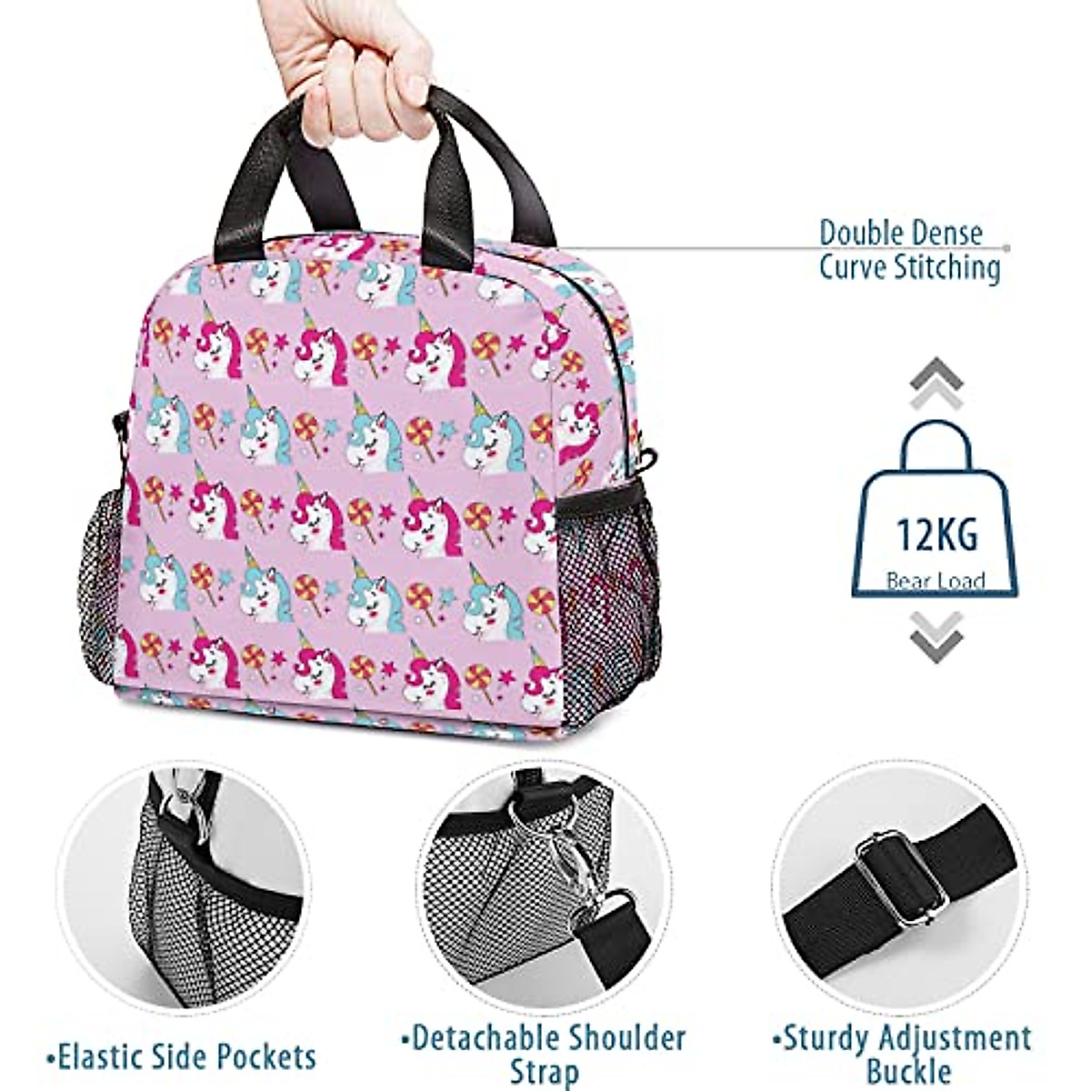 Insulated Lunch Bag for Boys Girls, Leakproof Reusable Kids Lunch Box Container with Detachable Buckled Handle, Portable Cooler Lunch Tote with Side Pocket for Work School Outdoor Adult (Pink Unicorn)